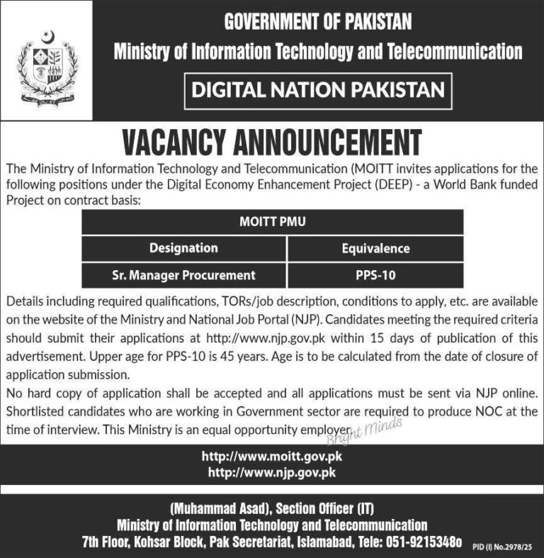 MOITT Islamabad Job Vacancies Apply for Sr. Manager Procurement (PPS-10 ...