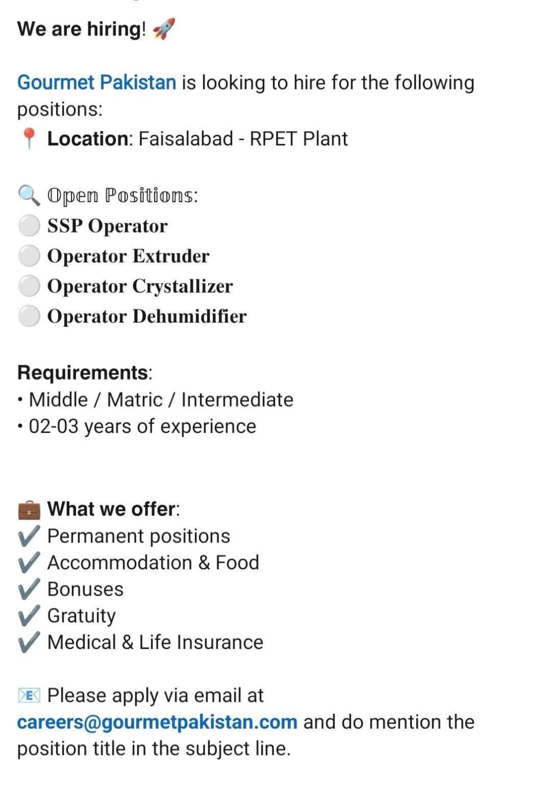 Join Gourmet Pakistan – Hiring for SSP, Extruder, Crystallizer, and ...
