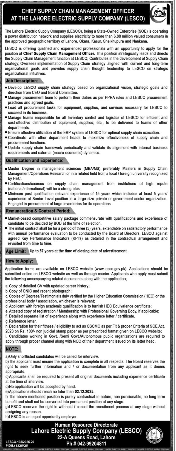 Chief Supply Chain Management Officer Position at Lahore Electric ...