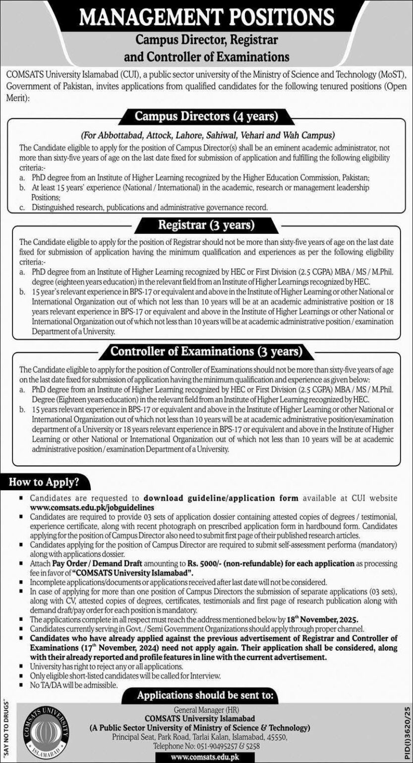 COMSATS University Islamabad Jobs 2025 Apply for Various Positions ...