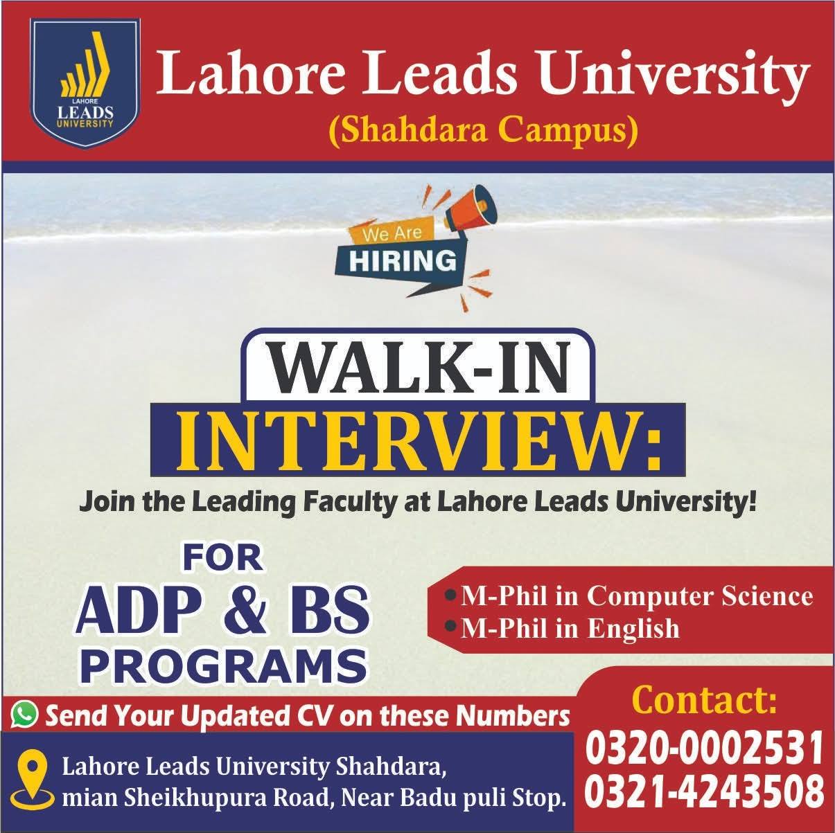 Lahore Leads University Walk-in Interview 2025 – Apply for ADP & BS Faculty Positions at ...