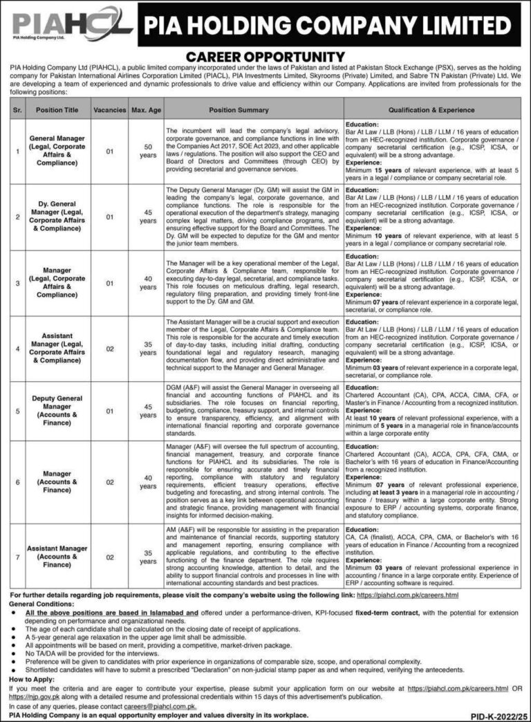 Exciting Career Opportunities at PIA Holding Company Limited | Legal ...