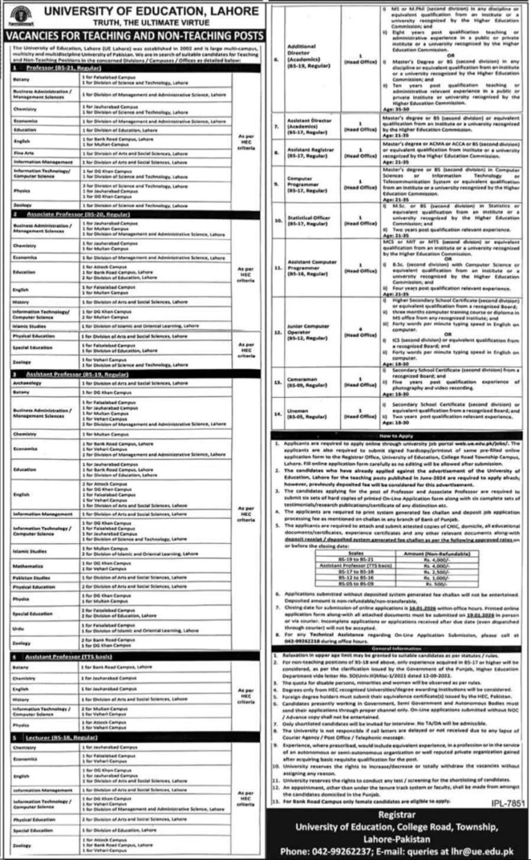 University of Education Lahore Teaching and Non-Teaching Job Vacancies ...
