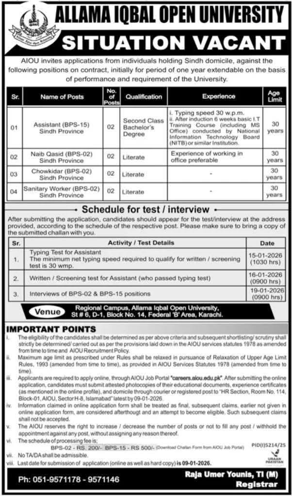 Multiple jobs Vacancies 2026 at Allama Iqbal Open University – Apply ...