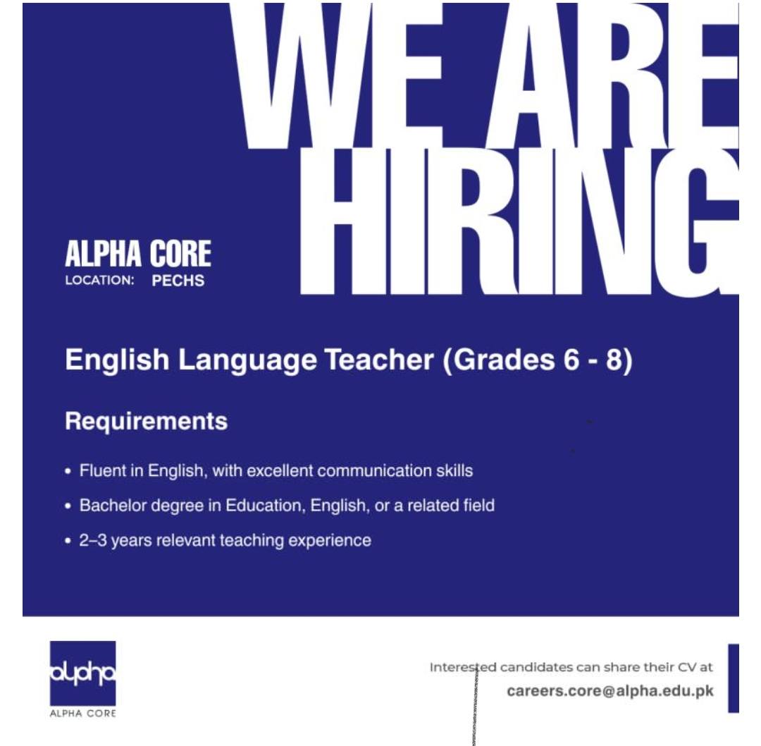 Alpha Core School PECHS Jobs 2025 – Apply for English Language Teacher ...