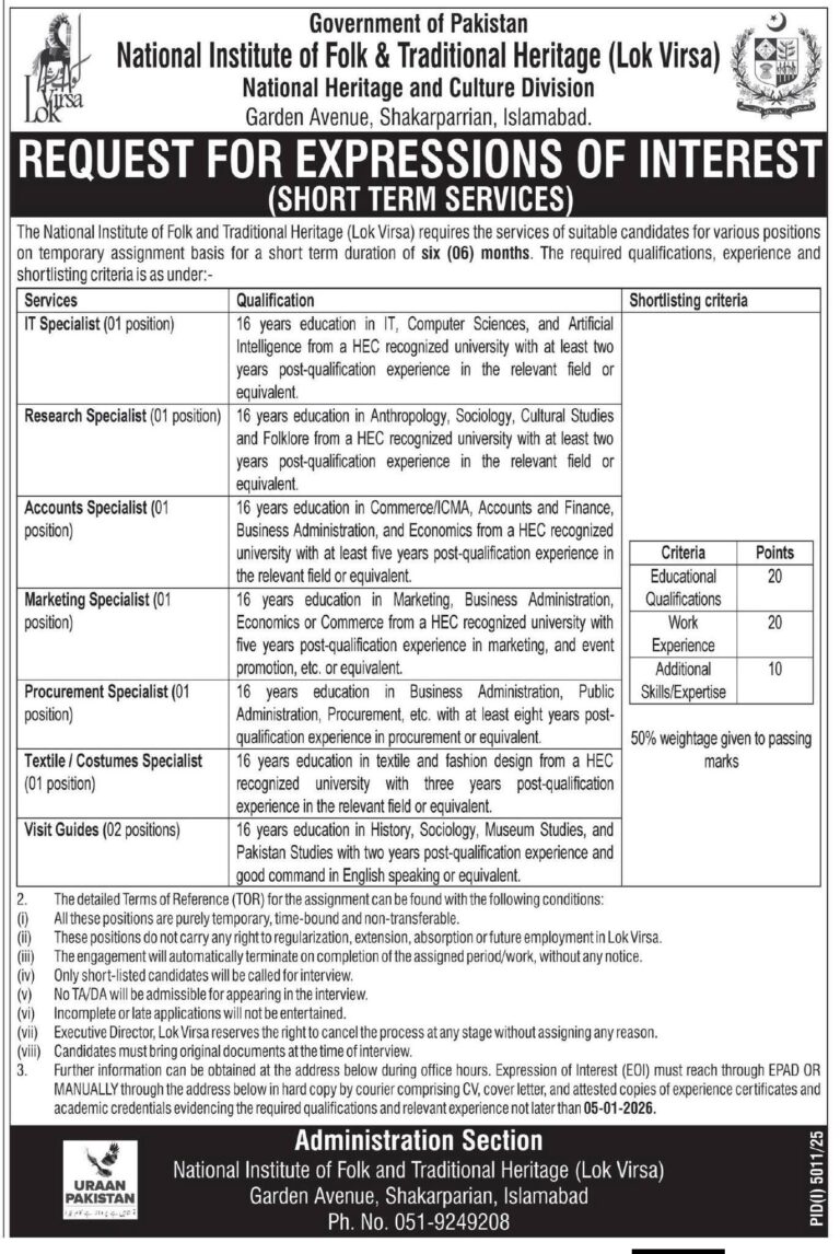 Lok Virsa Short Term Jobs 2025 National Institute of Folk and ...