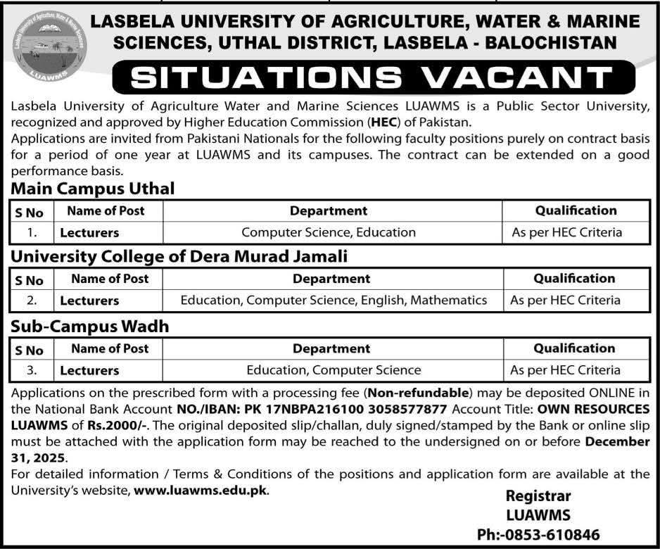 Lecturer Vacancies at Lasbela University of Agriculture, Water & Marine ...