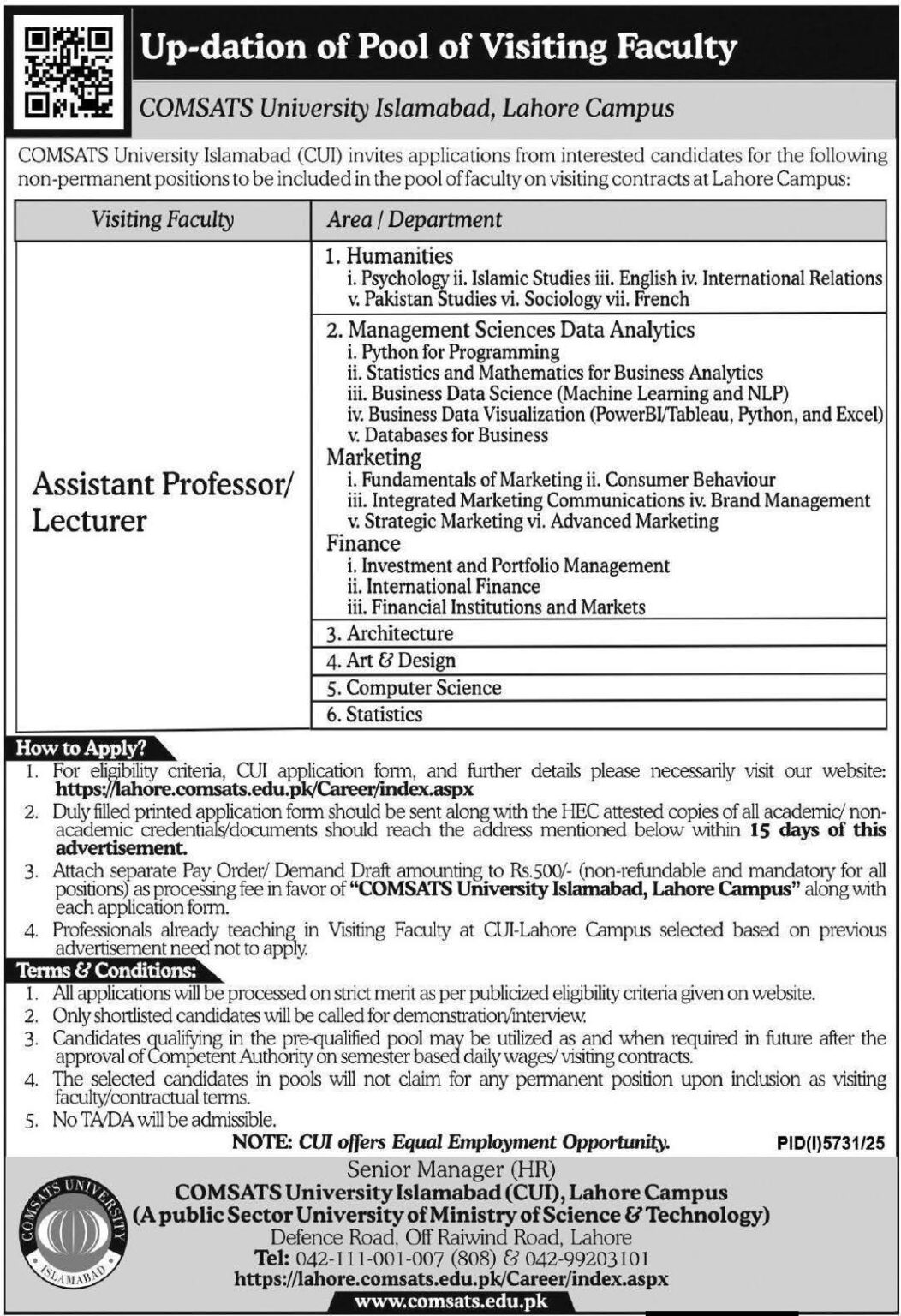 COMSATS University Islamabad Lahore Campus Visiting Faculty Jobs 2026 ...