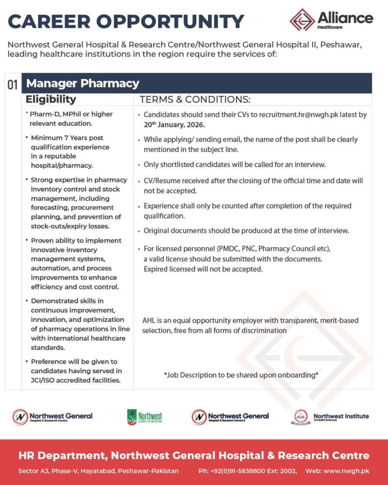 Manager Pharmacy Jobs 2026 at Northwest General Hospital Peshawar ...