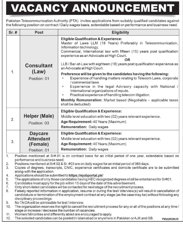 Pakistan Telecommunication Authority PTA Latest Jobs Opportunities 2026 ...
