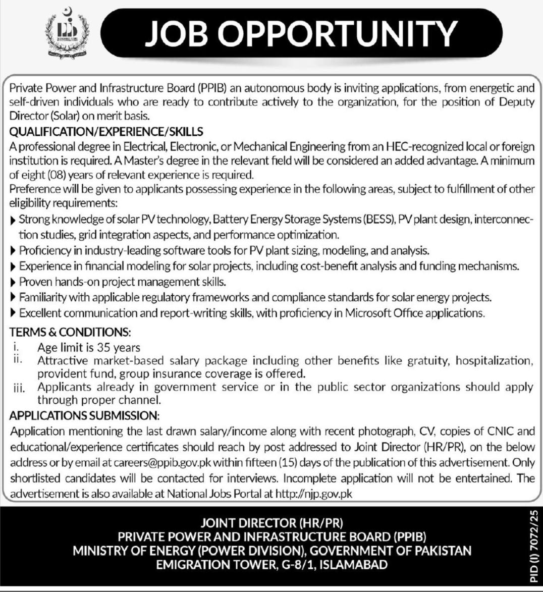 PPIB Jobs 2026 – Deputy Director Solar Vacancy at Ministry of Energy ...