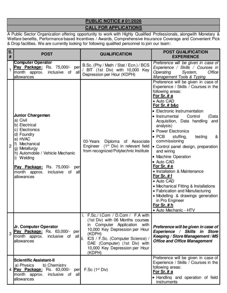 Public Sector Organization Career Opportunities Public Notice 01/2026 ...