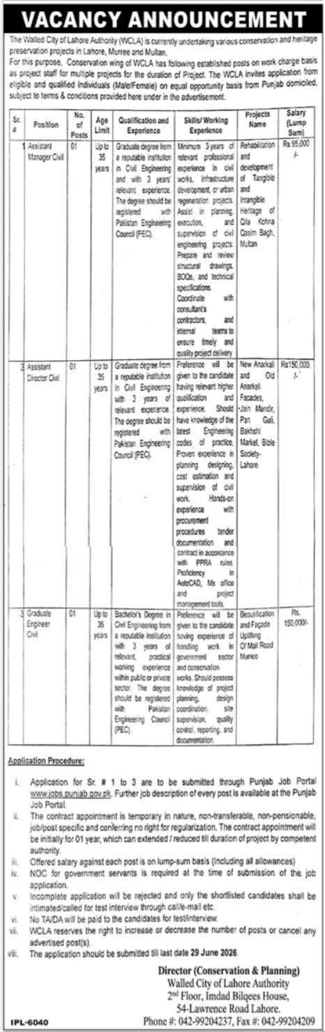Walled City of Lahore Authority WCLA Jobs 2026 – Civil Engineering ...