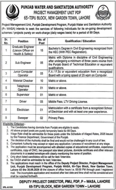 Punjab WASA Lahore Jobs 2026 – All Pakistan Jobs